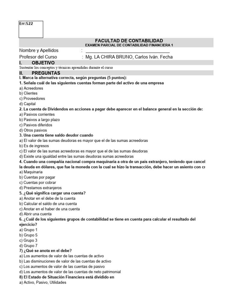 Examen Parcial | PDF | Contabilidad | Hoja de balance