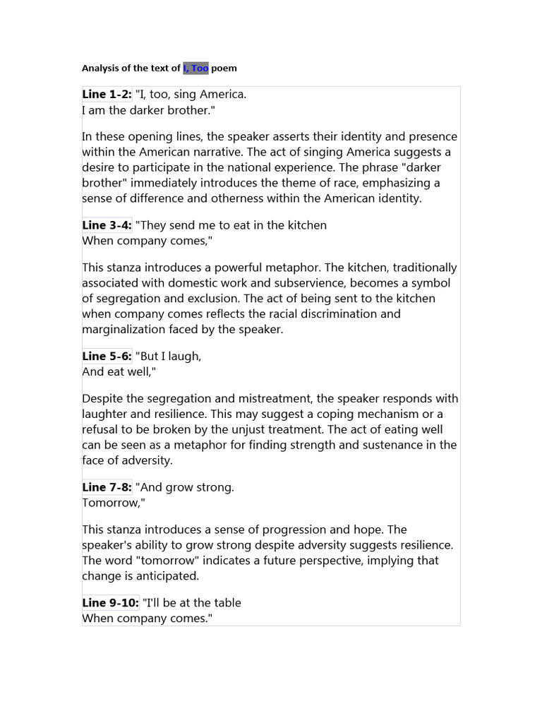 Analysis of The Text of I, Too Poem | PDF | Psychological Resilience
