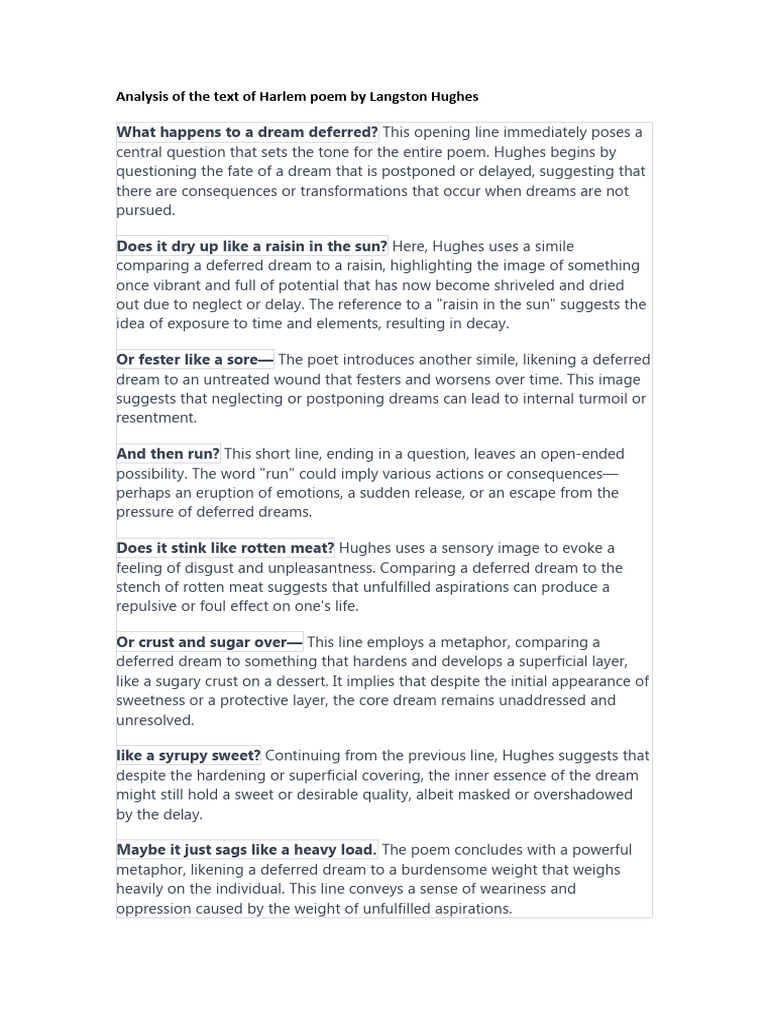 Harlem Poem Analysis for Students | PDF | Metaphor | Dream