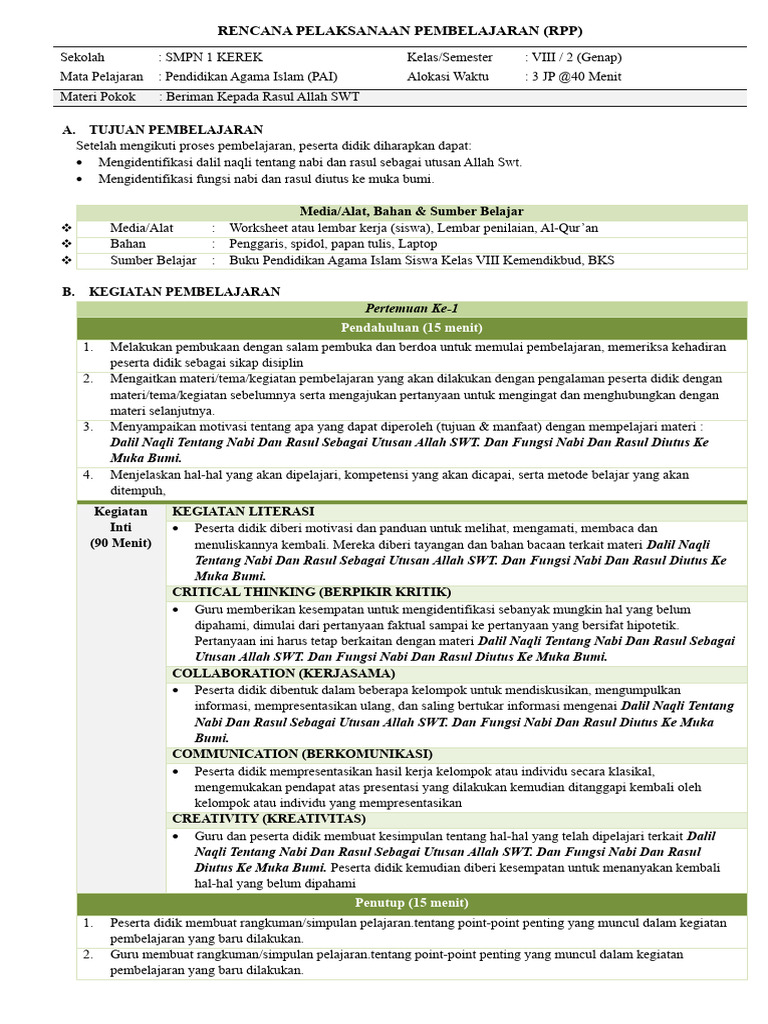 4.2 RPP II PAI Kelas 8 SEM 2 Dan Penilaian Fix (AutoRecovered) | PDF