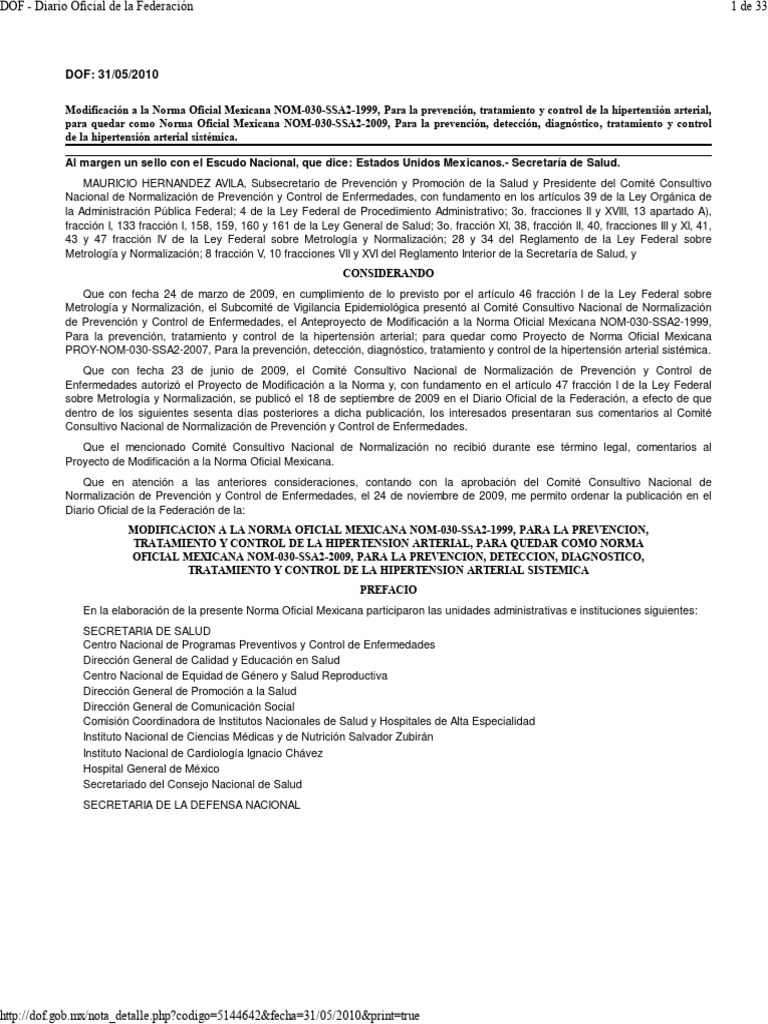 Nom 030 Ssa2 2009 | PDF | Hipertensión | Presión sanguínea