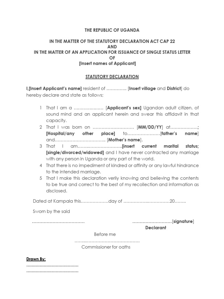 Statutory Declaration For Single Status Letters | PDF | Marriage | Evidence