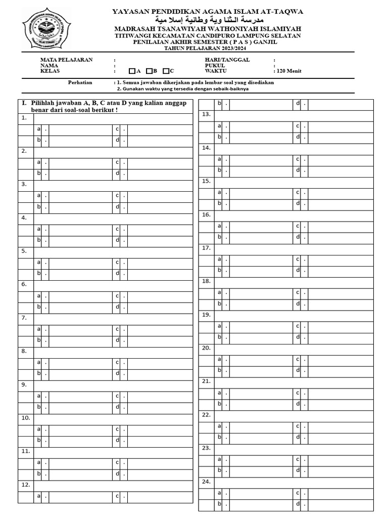 Form Soal Pas Ganjil 2023-2024 | PDF