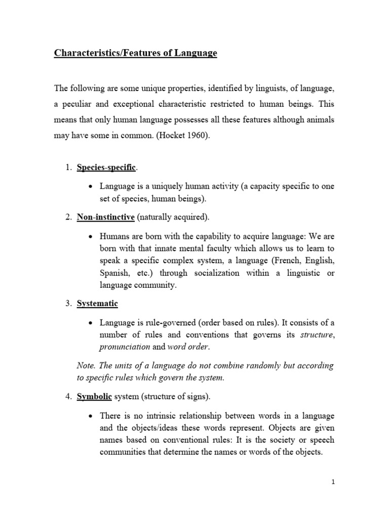 Characteristics of Language NEW | PDF | Word | Human Communication