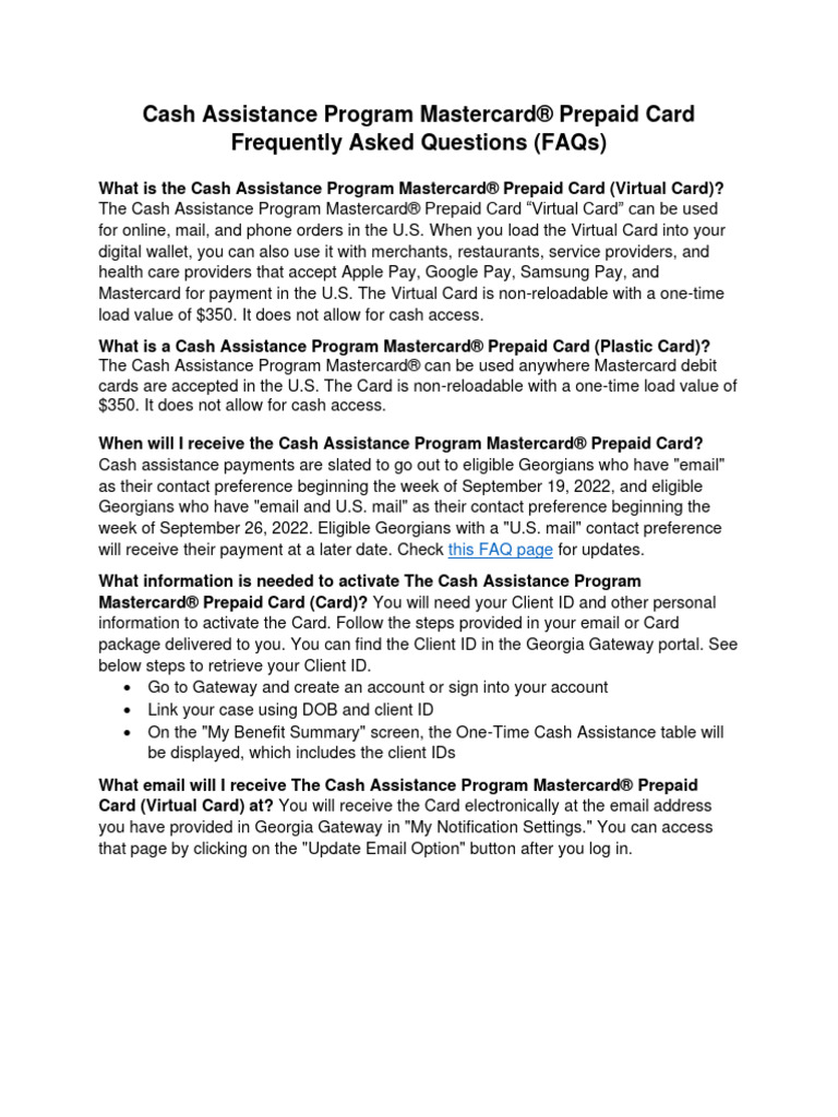 Cash Assistance Program Mastercard Prepaid Card FAQs | PDF | Debit Card ...