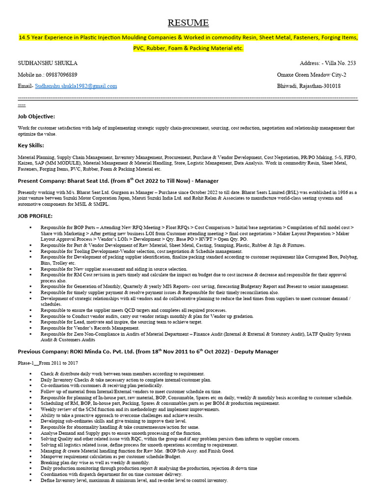 Sudhanshu Shukla Resume Exp 14.5 Years Purchase | PDF | Logistics | Supply Chain Management