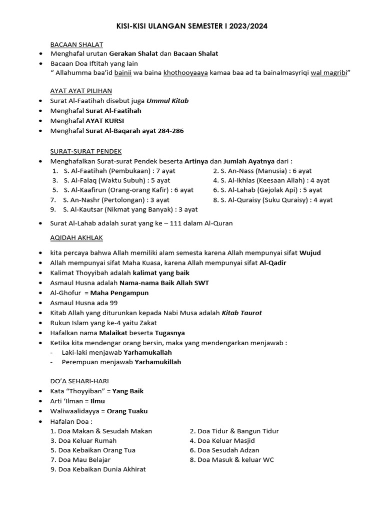 TPQ Kisi-Kisi Ulangan Semester I 2023-2024 | PDF