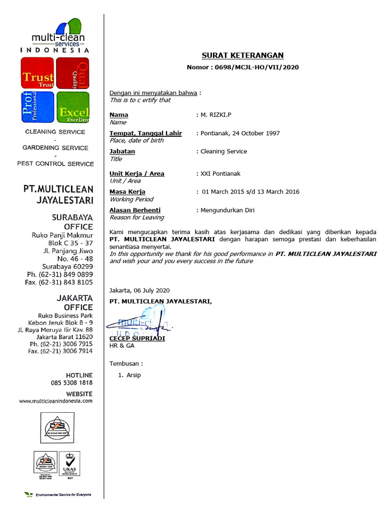 Paklaring Multiclean Jayalestari | PDF | Bisnis