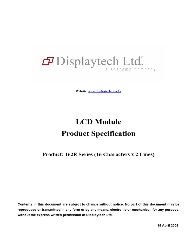 162E Series Displaytech Spec | PDF | Liquid Crystal Display | Backlight