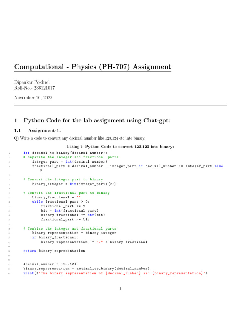 Computational - Physics (PH-707) Assignment: 1 Python Code For The Lab Assignment Using Chat-Gpt ...