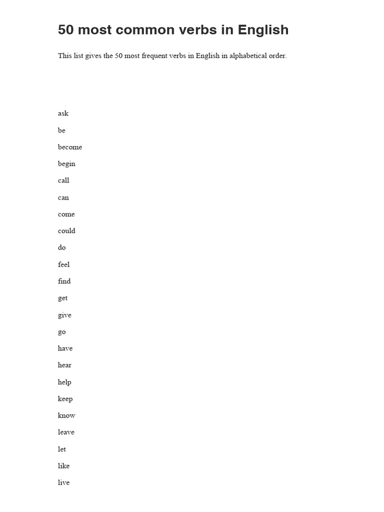 Top 50 Common English Verbs | PDF | Foreign Language Studies | Self ...
