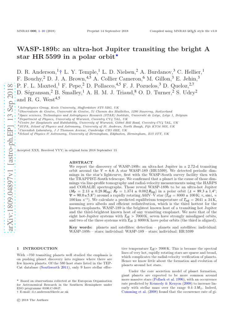 WASP-189b: An Ultra-Hot Jupiter Transiting The Bright A Star HR 5599 in A Polar Orbit | PDF ...