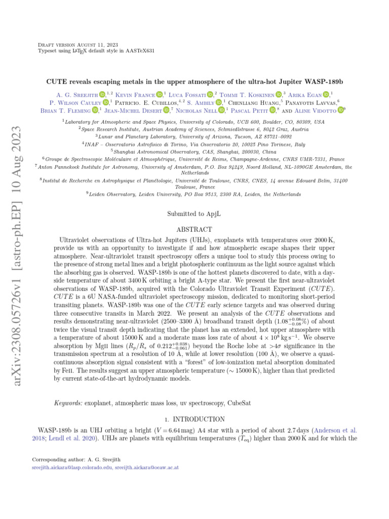 CUTE Reveals Escaping Metals in The Upper Atmosphere of The Ultra-Hot Jupiter WASP-189b | PDF ...