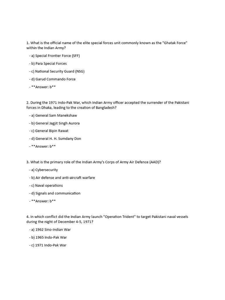 Indian Army Quiz Mcqs Additional | PDF | Military Forces | National ...