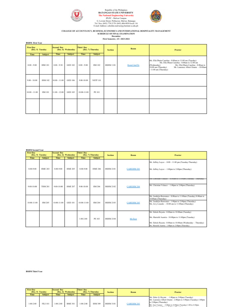 BSHM Finalexam Schedule 2023 2024 | PDF