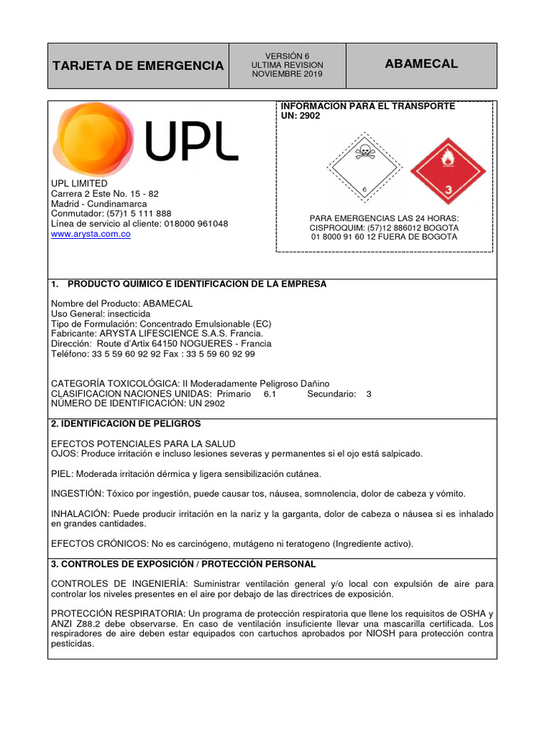 Tarjeta de Emergencia Abamecal UN 2902 | PDF | Agua | Descomposición