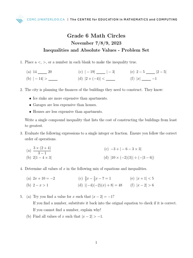 Problem Set Grade 6 Inequalities Absolute Values Final | PDF | Inequality (Mathematics ...