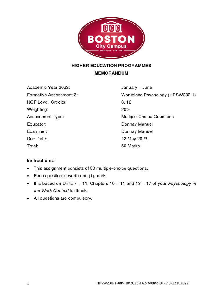 HPSW230 1 Jan Jun2023 FA2 Memo DF V.3 12102022 | PDF | Id | Extraversion And Introversion