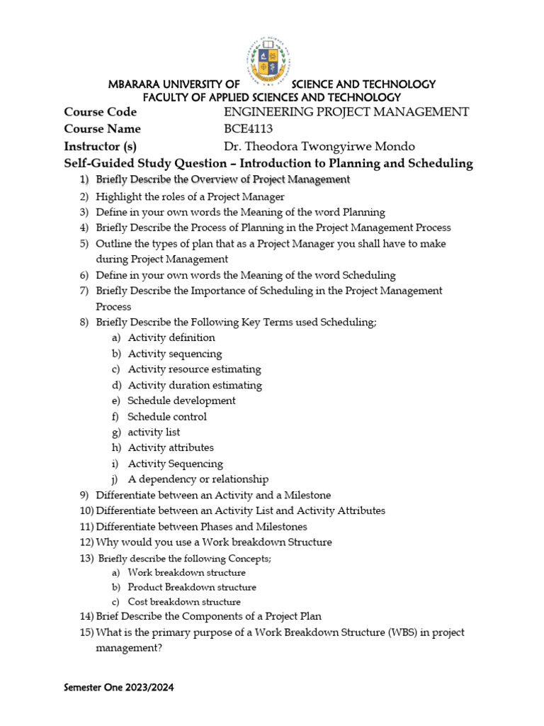 Lecture 4 - Self Guided Study Question - Introduction To Project Planning and Scheduling | PDF ...
