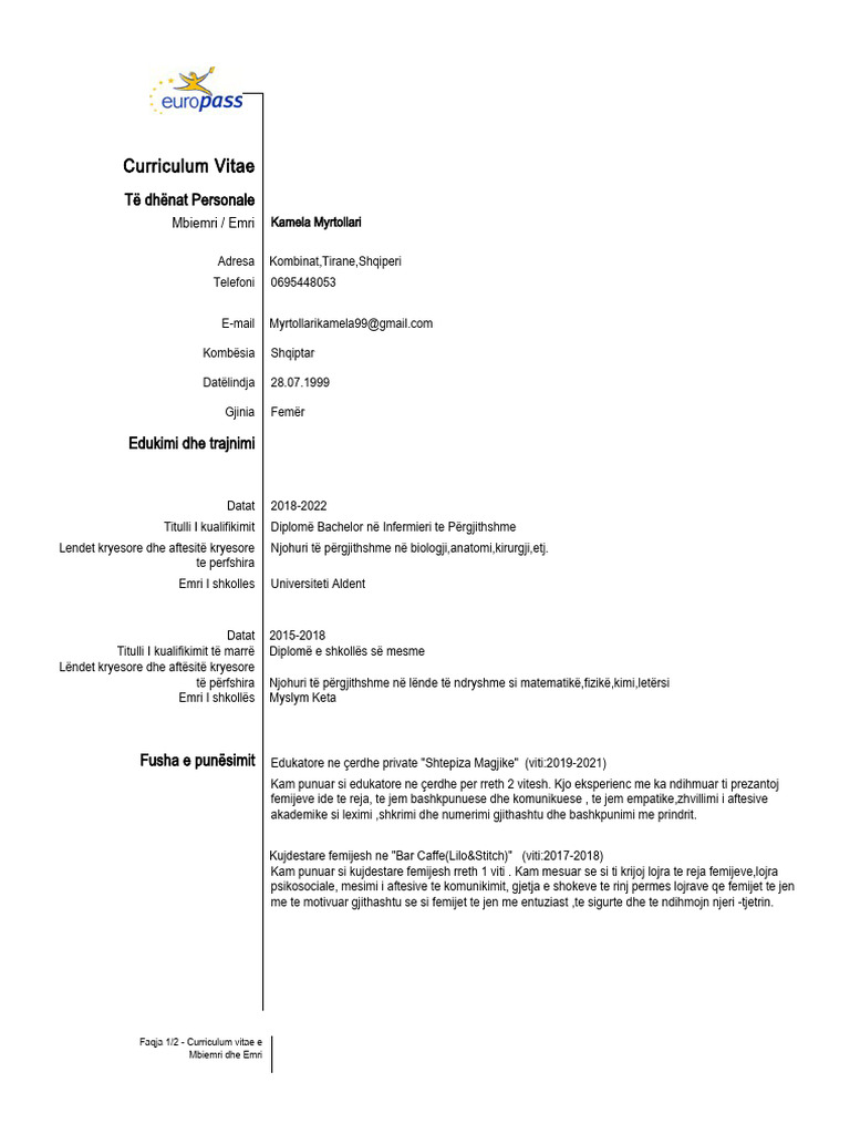 CV Europas-Shqip Kamela | PDF