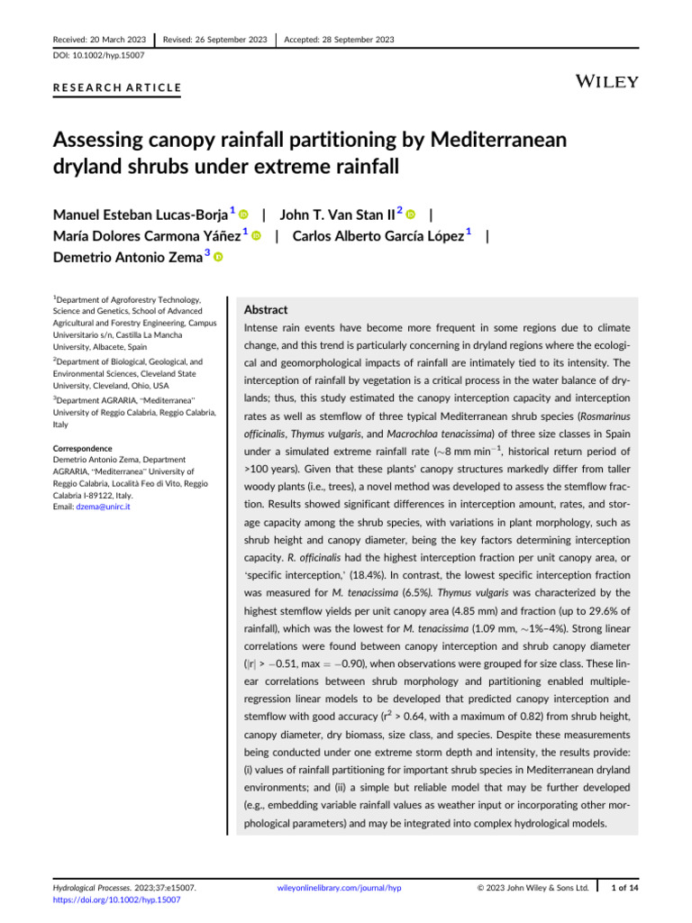 Assessing Canopy Rainfall Partitioning by Mediterranean Dryland Shrubs ...