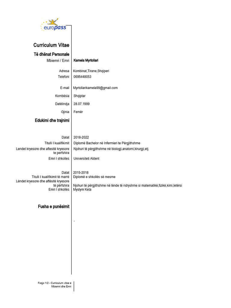 CV Europas-Shqip 2 | PDF