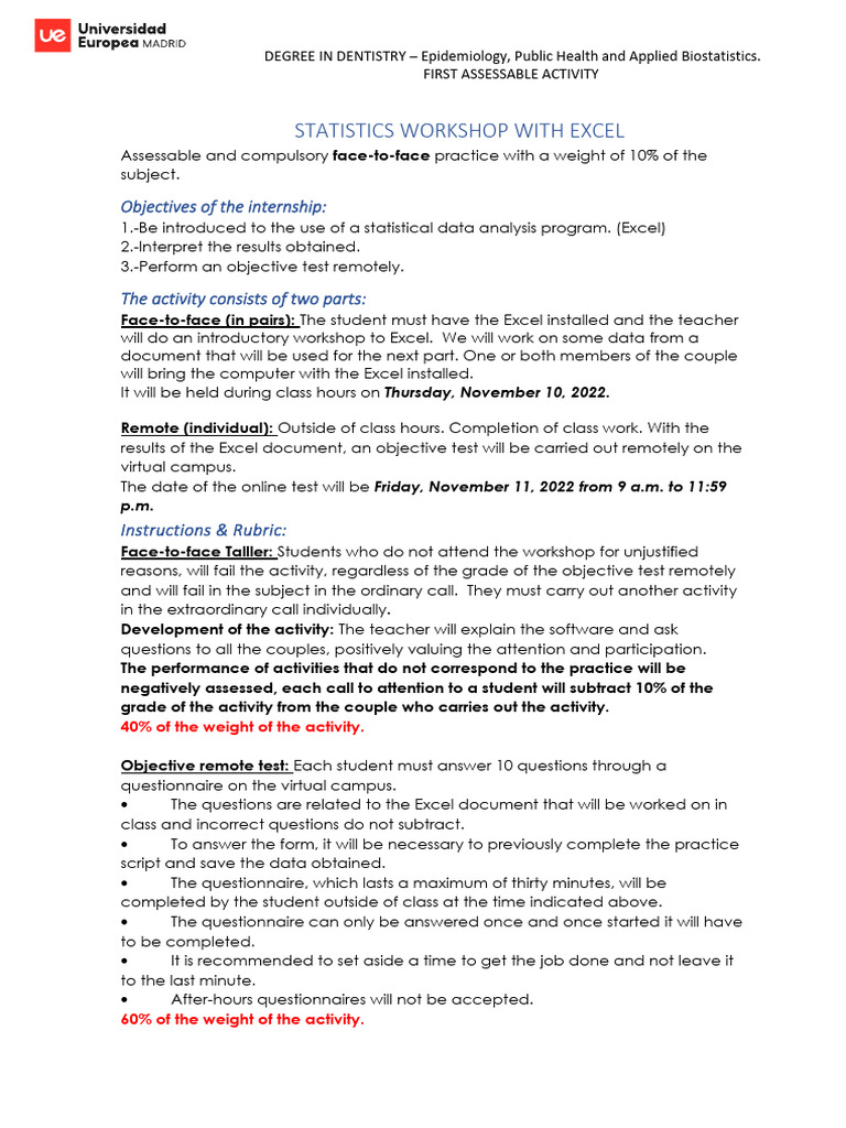 Excel Workshop for Dentistry Statistics | PDF | Data Analysis ...