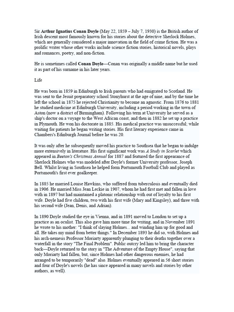 Sir Arthur Ignatius Conan Doyle Biography | PDF | Arthur Conan Doyle