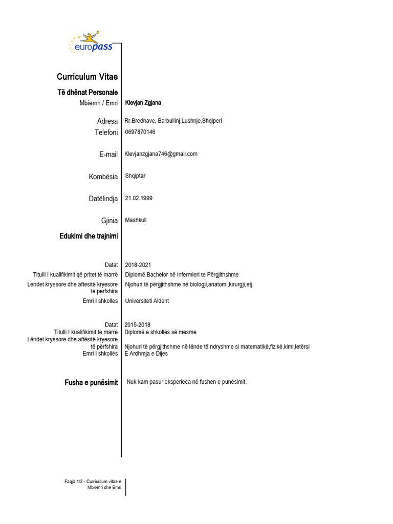 CV Europas-Shqip Klevian | PDF