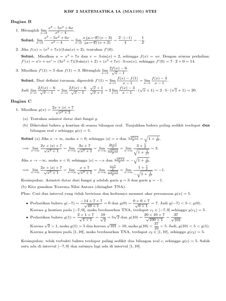 Solusi KBF 2 Ma1101 - Stei - 2023 - 2024 Bagian B & C | PDF