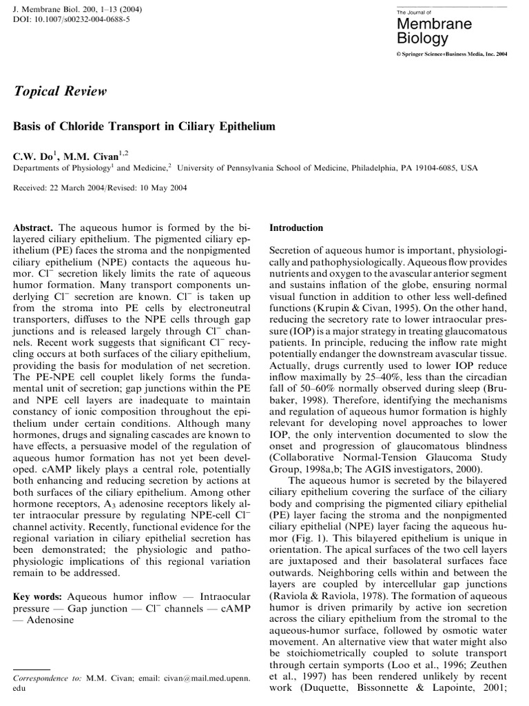Basis of Chloride Transport in Ciliary Epithelium | PDF | Epithelium ...