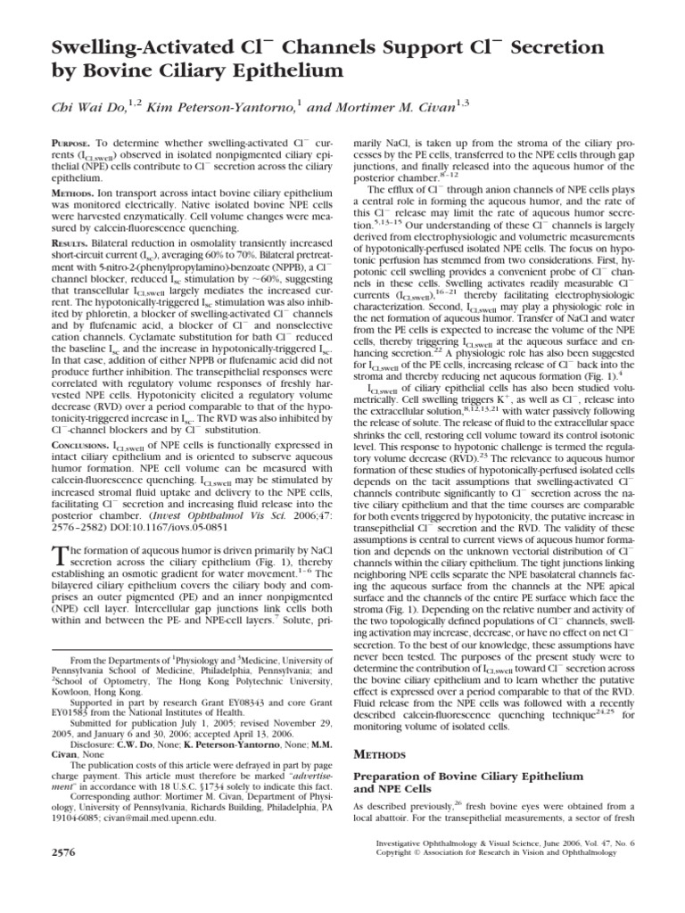 Swelling-Activated CL Channels Support CL Secretion by Bovine Ciliary Epithelium | PDF | Cell ...