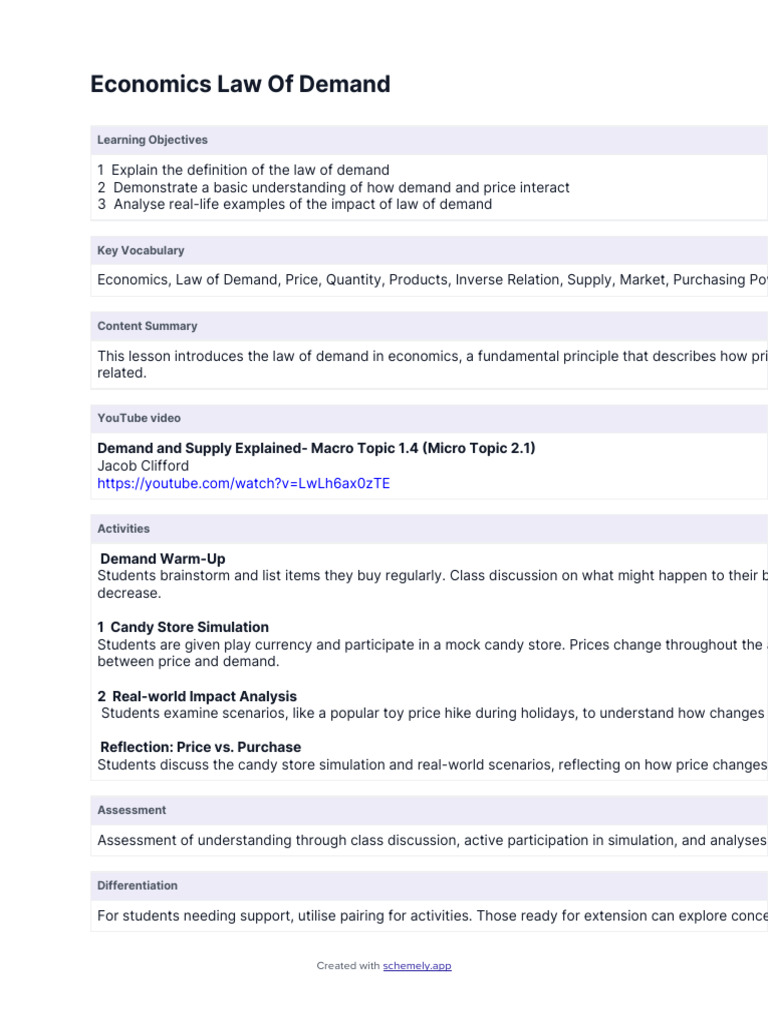 Lesson Plan - Economics Law of Demand | PDF