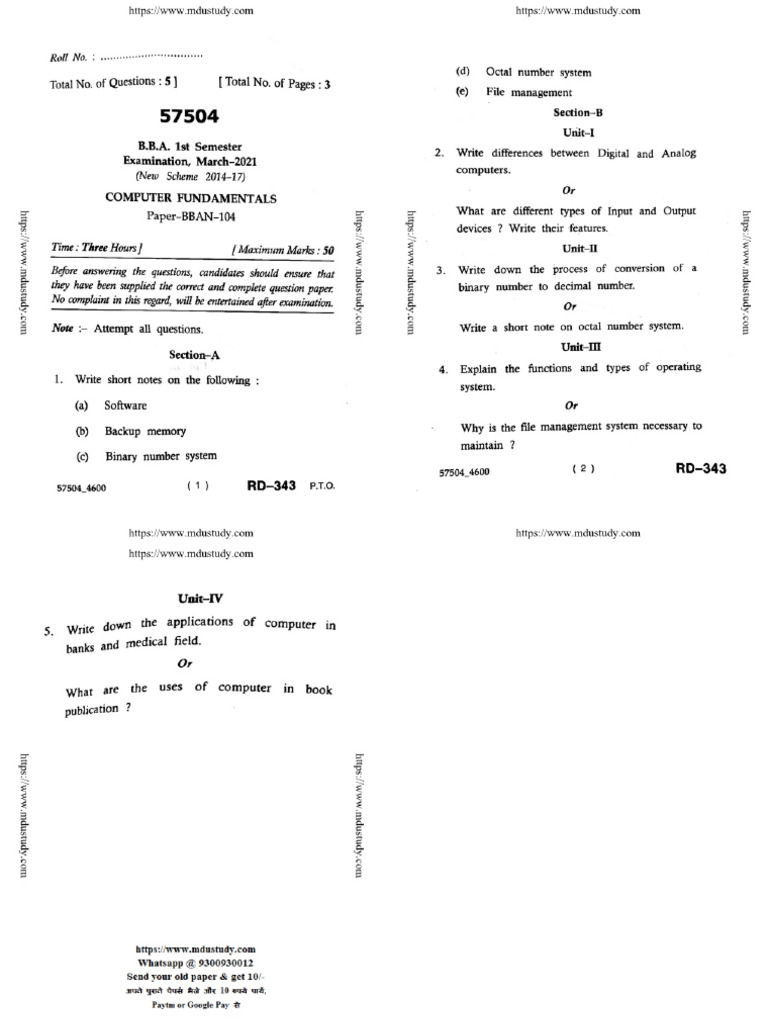 Bba 1 Sem Computer Fundamentals 57504 Mar 2021 | PDF