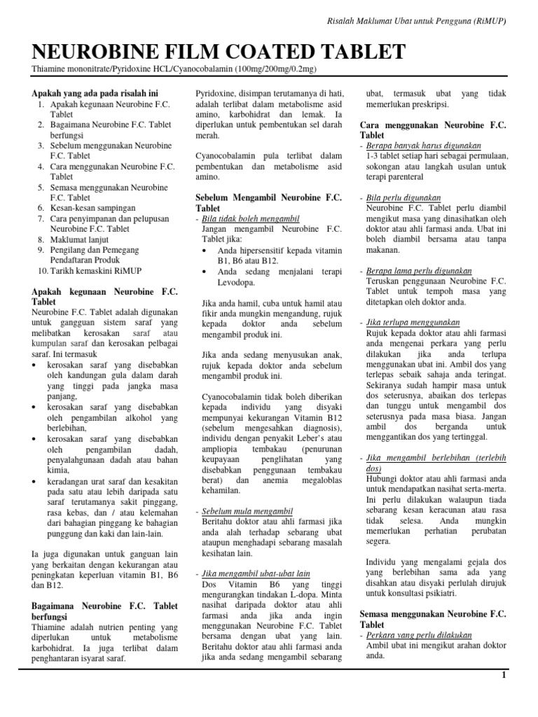 Neurobine Film Coated Tablet Thiamine Mononitrate Pyridoxine HCL ...