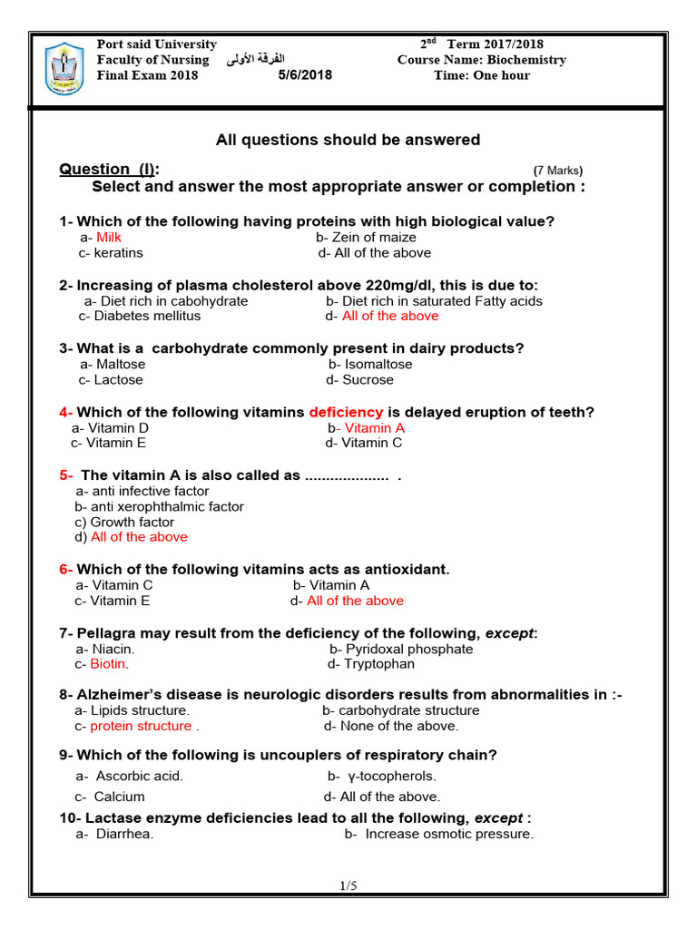 Final Exam Bio Model answer 2018 تمريض | PDF | Vitamin | Glucose