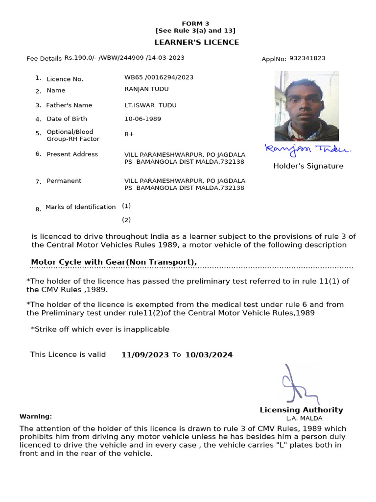 Learner'S Licence: Form 3 (See Rule 3 (A) and 13) | PDF