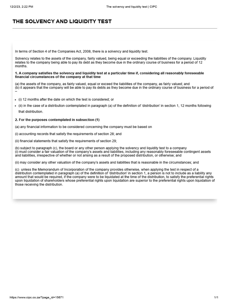 The Solvency and Liquidity Test - CIPC | PDF | Liquidation | Valuation ...
