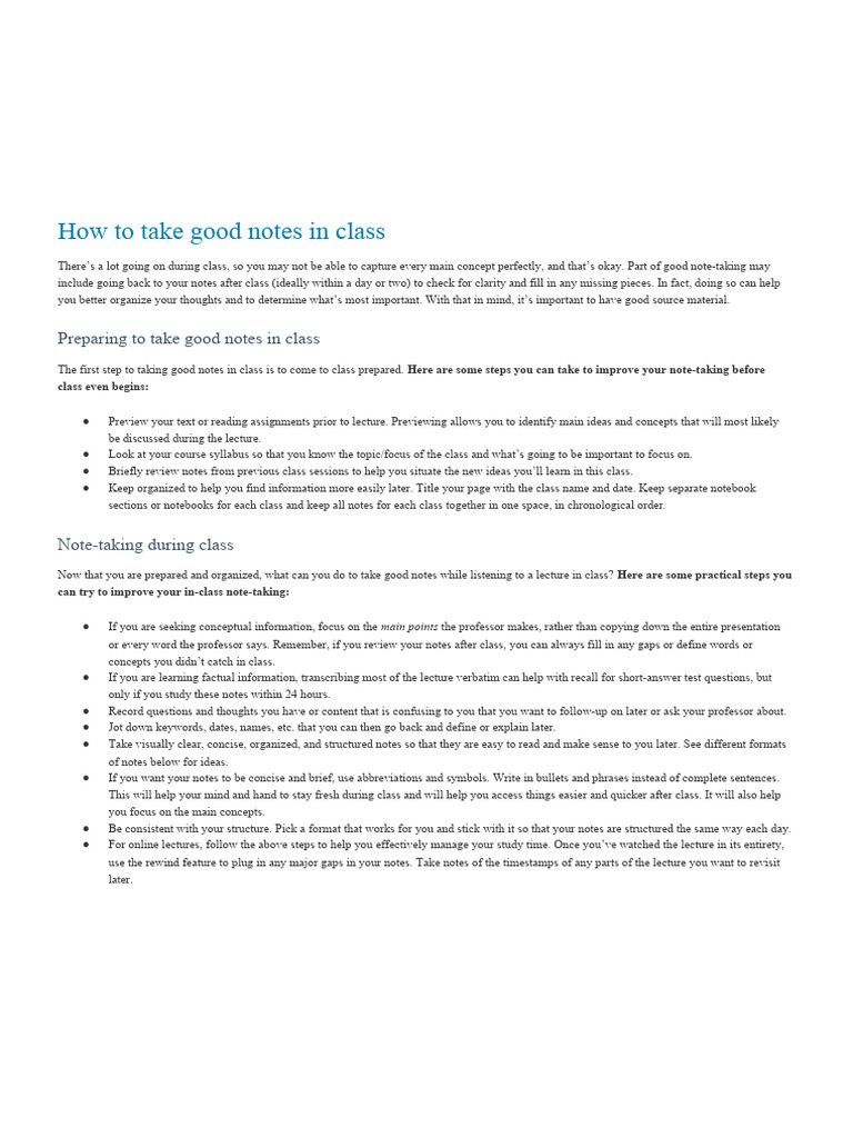 How To Take Good Notes in Class | PDF | Mental Processes | Cognitive ...