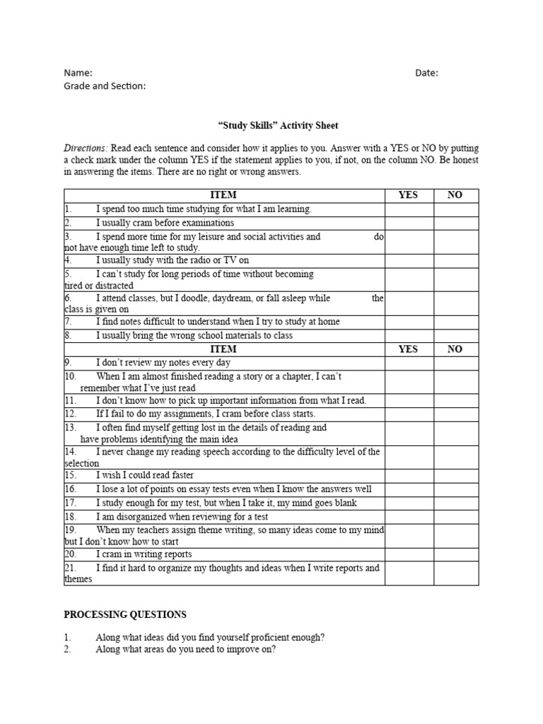 Homeroom - Study Skills Activity Sheet | PDF