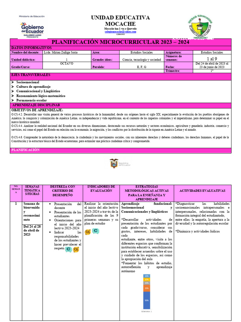 Planificación 9 Semanas de 8vo EESS | PDF | Aprendizaje | Evaluación