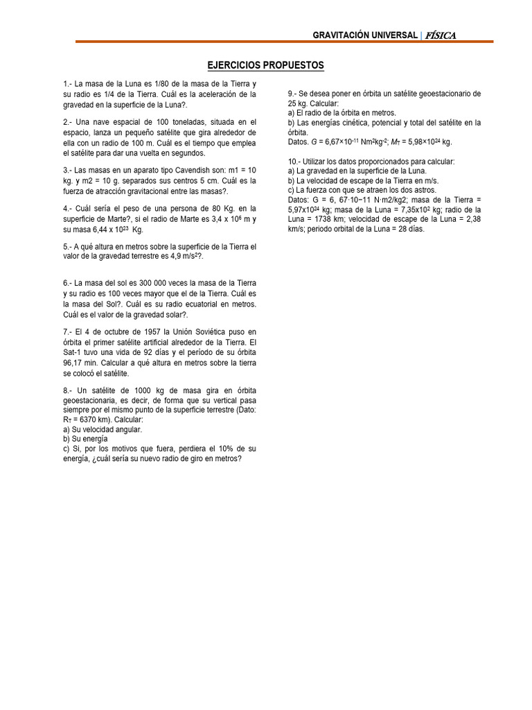 E2 - GRAVITACIÓN UNIVERSAL Ejercicios Propuestos | PDF | Satélite | Tierra