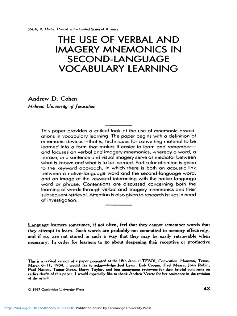 The Use of Verbal and Imagery Mnemonics in Second Language Vocabulary Learning | PDF | Mnemonic ...