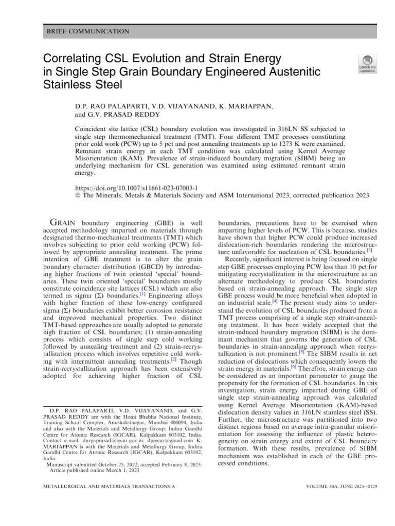 Correlating CSL Evolution and Strain Energy in Single Step Grain ...