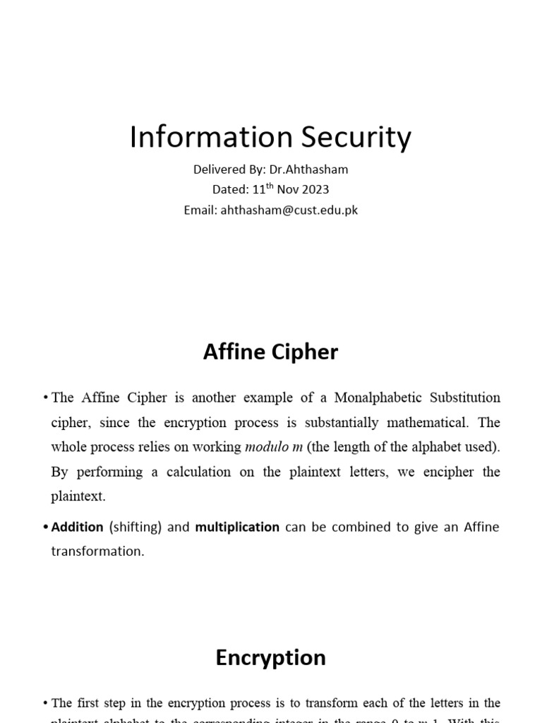 Lecture 15 Affine Cipher | PDF | Encryption | Mathematics Lecture 15 Affine Cipher | PDF | Encryption | Mathematics