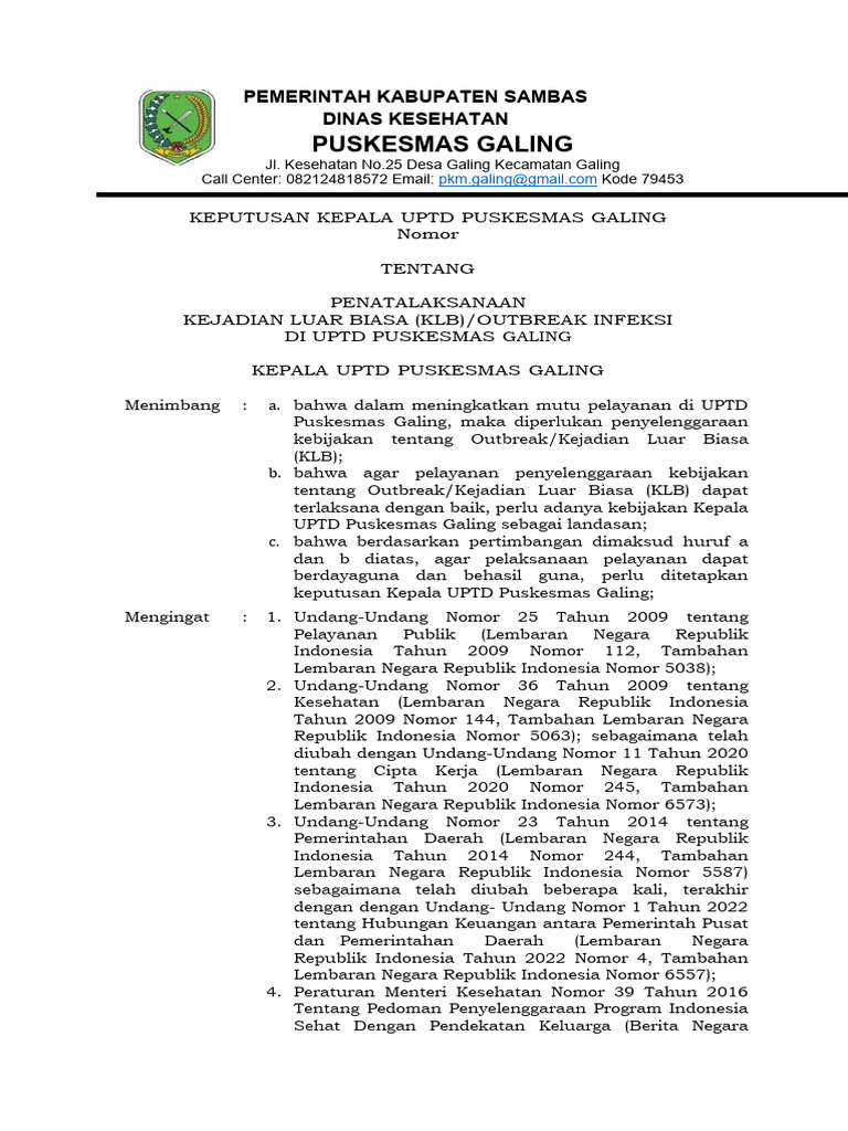 5.5.6.a SK Penatalaksanaan KLB - Outbreak Infeksi - UPTD PKM GALING | PDF