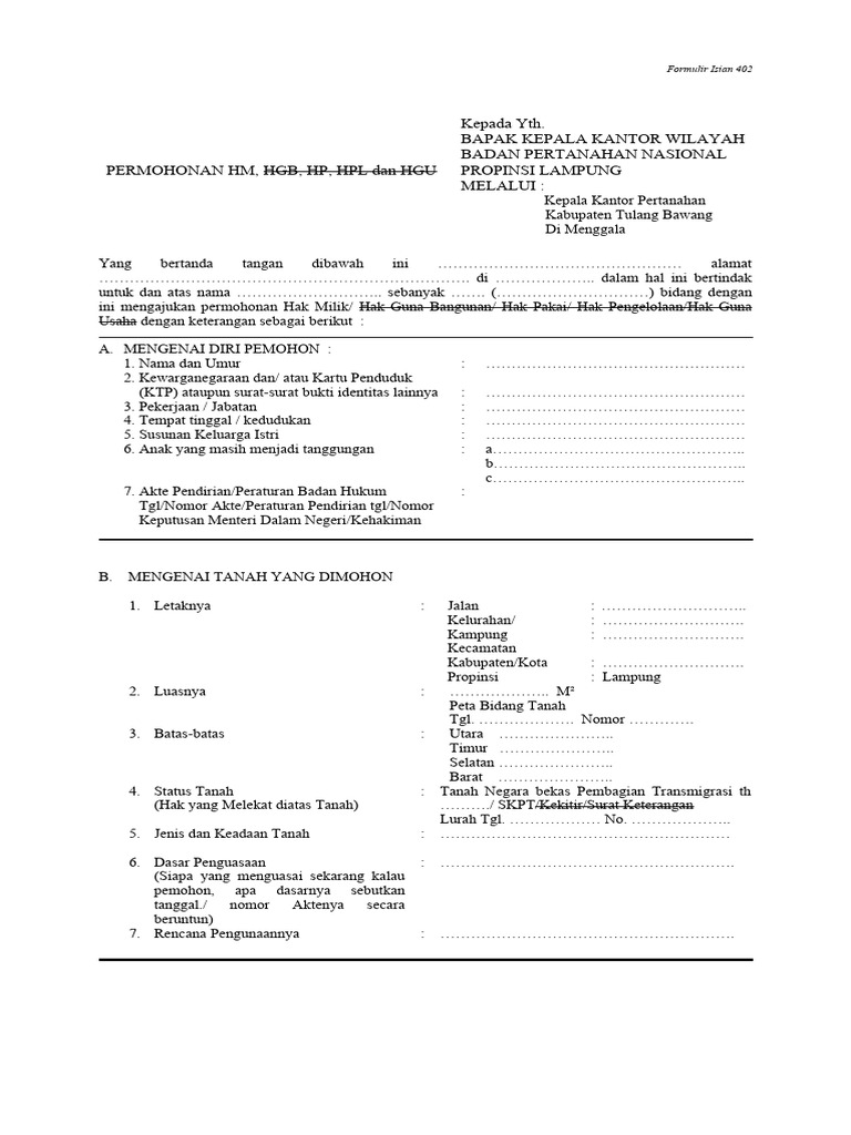 Formulir Isian 402 Untuk Tanah Negara | PDF