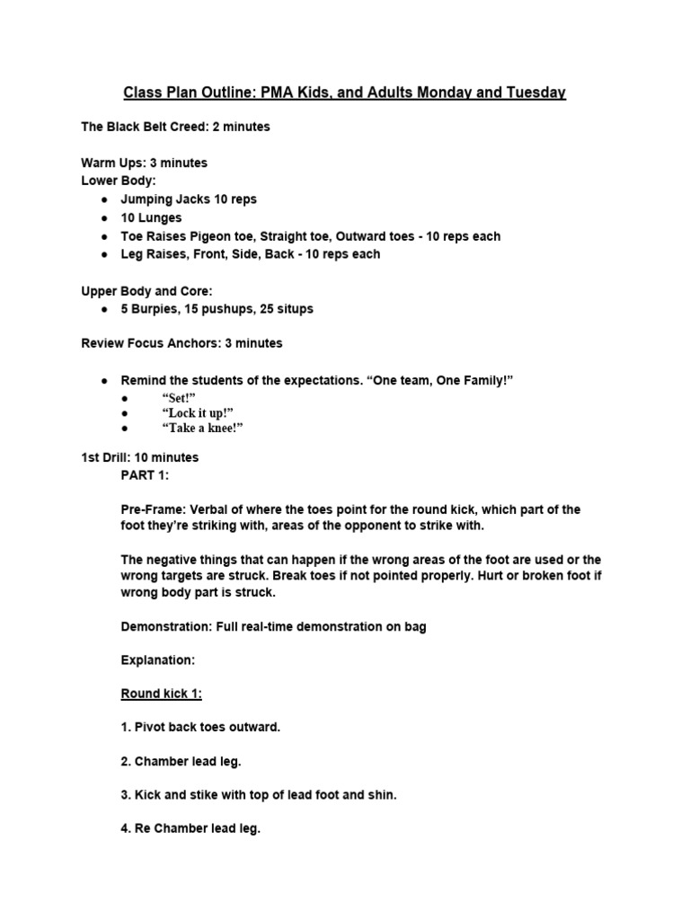 PMA Kids & Adults Class Plan Outline | PDF | Combat Sports | Individual ...
