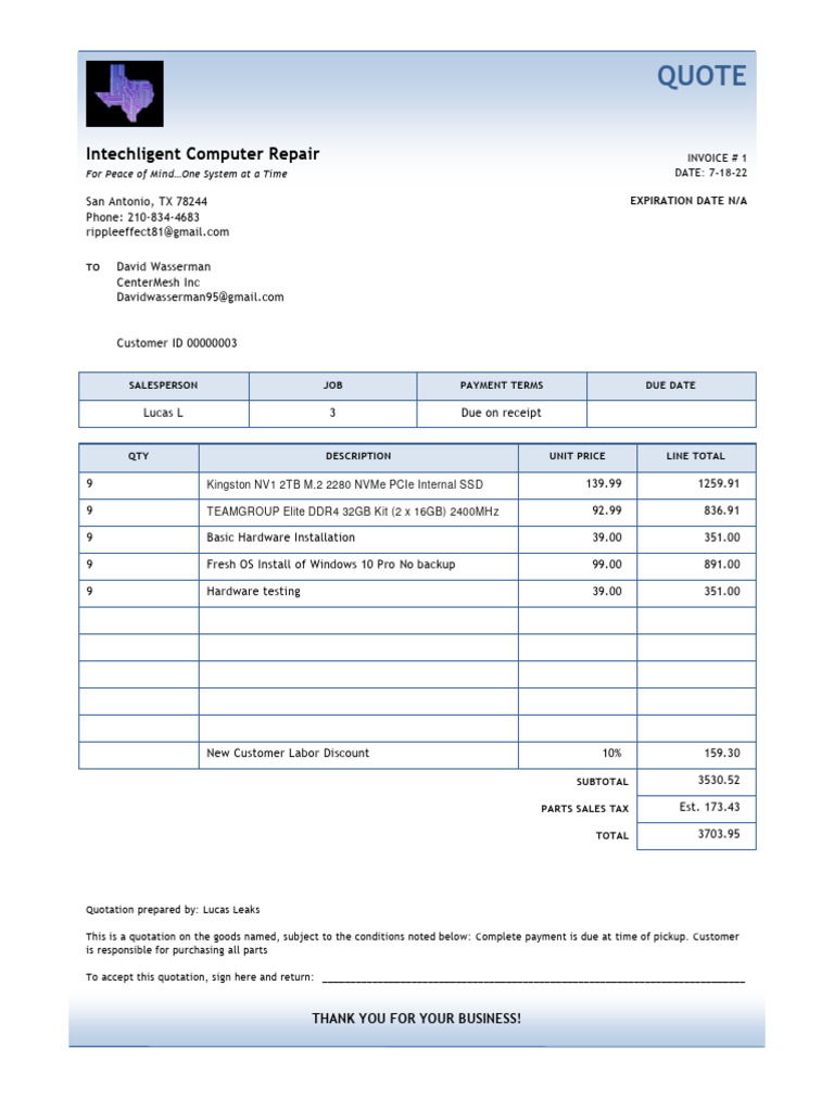 Intechligent Computer Repair Invoice | PDF | Receipt | Computer Engineering