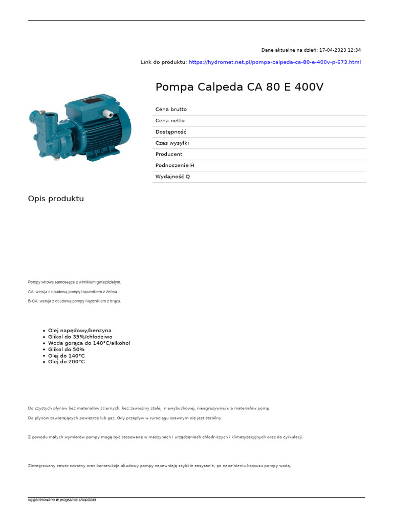 Pompa Calpeda Ca 80 e 400v | PDF